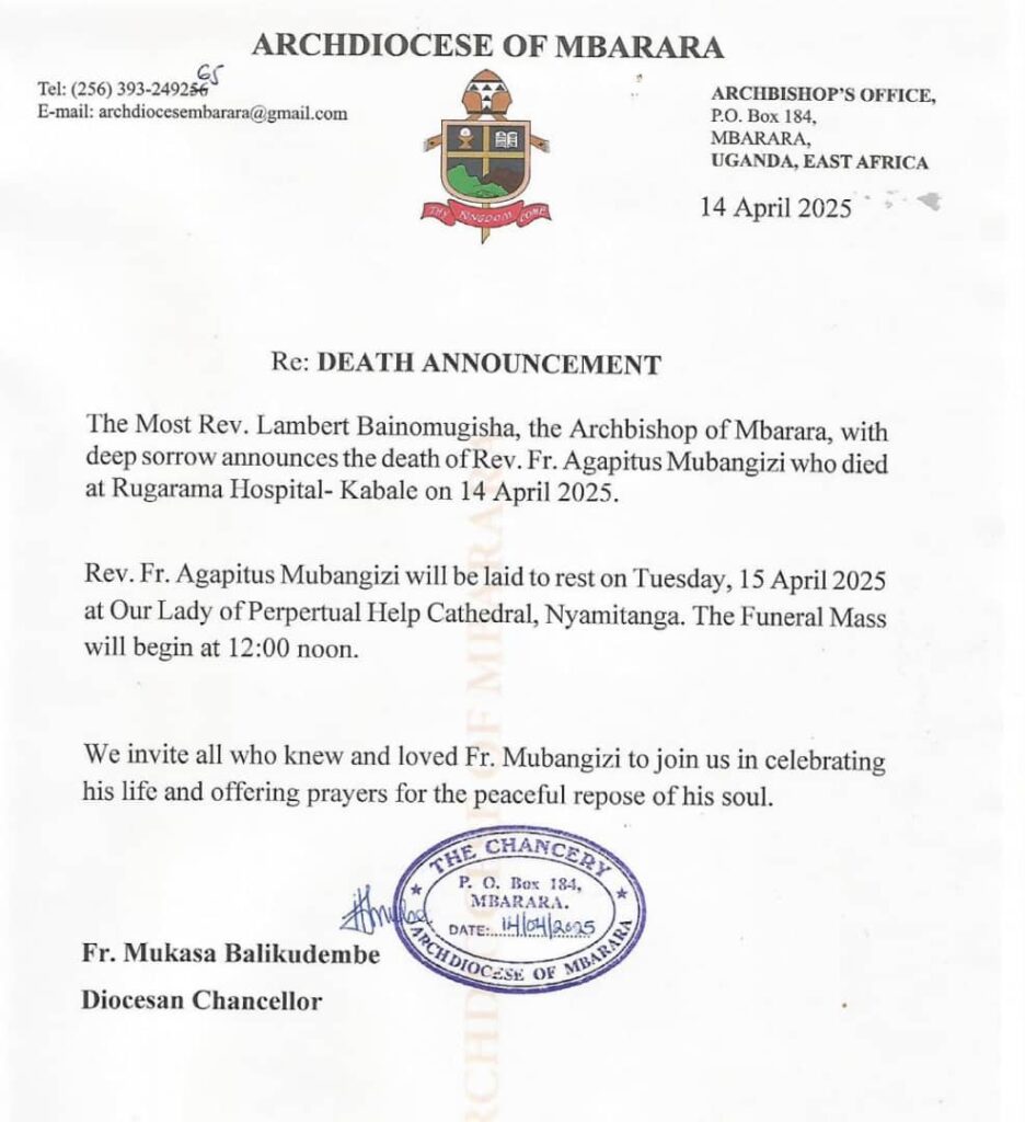 Mbarara Diocese Priest Rev. Fr. Agapitas Mubangizi Passes Away | The ...